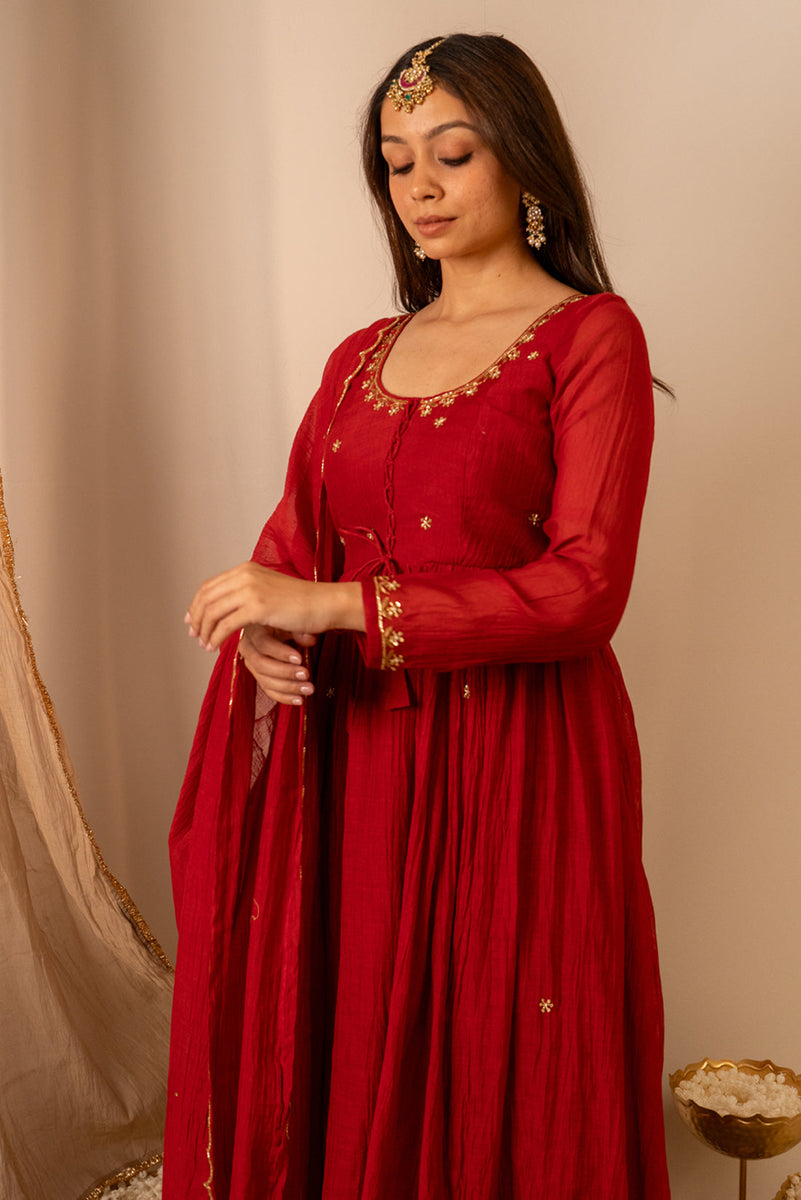 Cherry Red Anarkali Dress – IRA INDIA